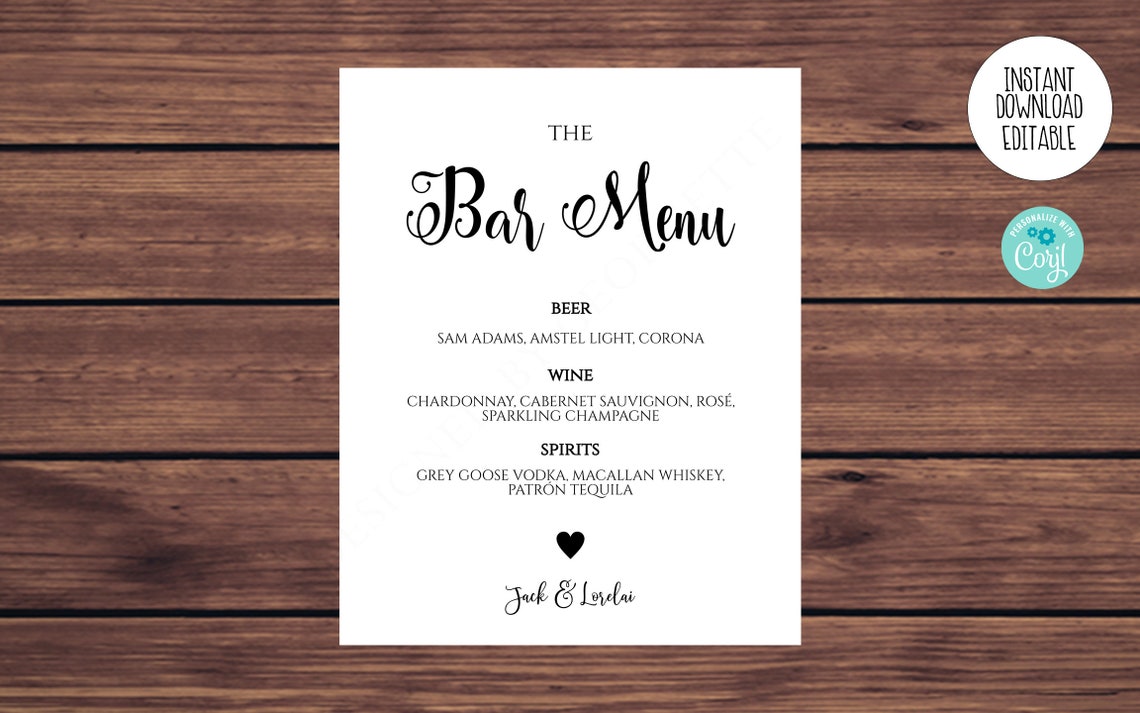 Bar Menu Sign Wedding Bar Menu Signature Drinks Sign - Etsy
