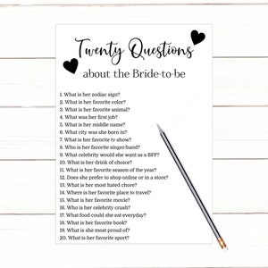 Editable Twenty Questions About the Bride Game Knows the Bride Bridal ...