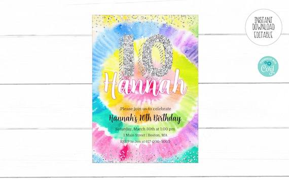 Tie Dye Birthday Invitation, Rainbow Birthday Invitation, Instant ...