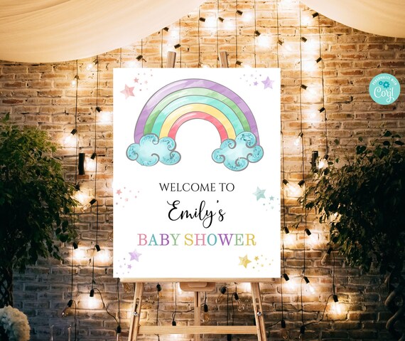 Rainbow Baby Shower Welcome Sign, Editable Cloud Sprinkle Welcome Sign ...