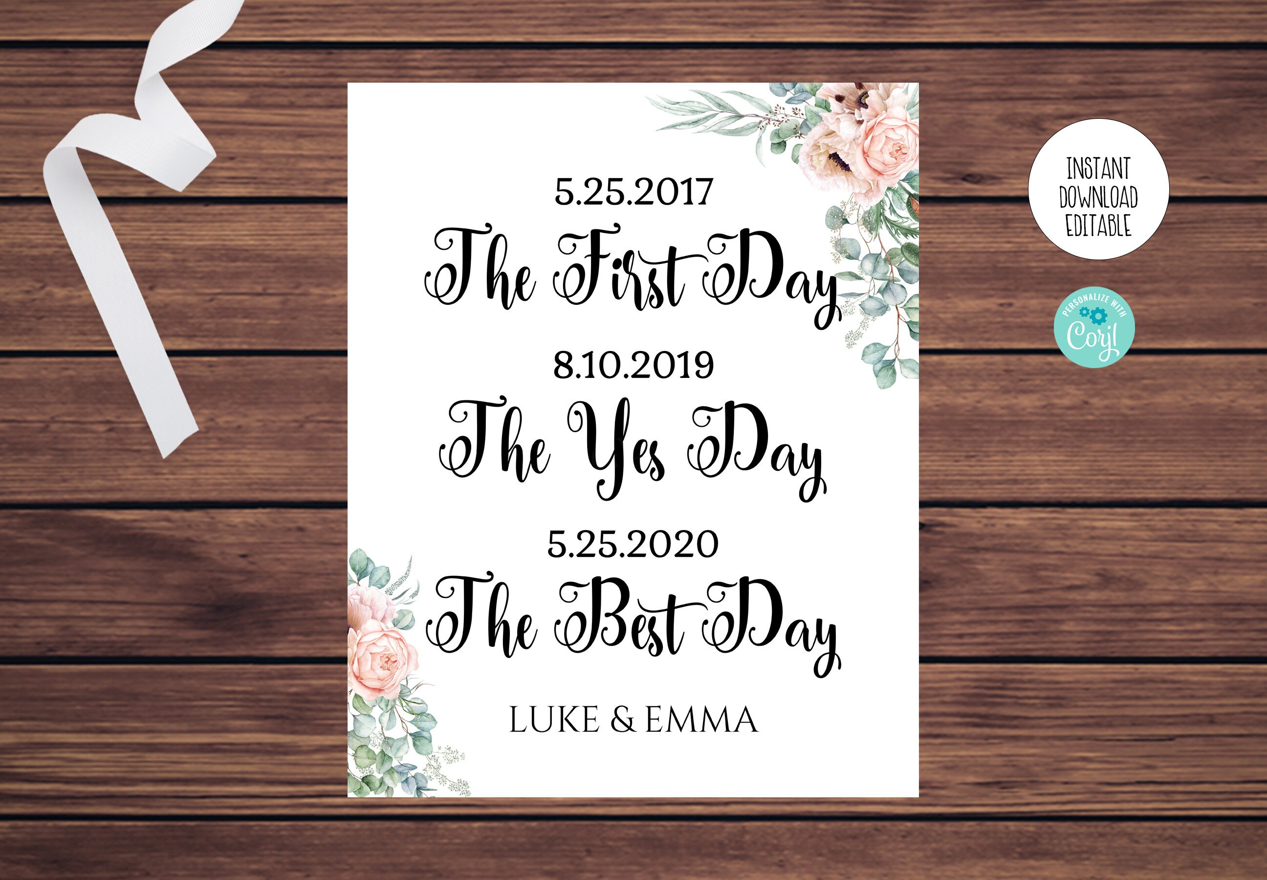 Editable Relationship Dates Sign Pink Floral First Day Yes | Etsy