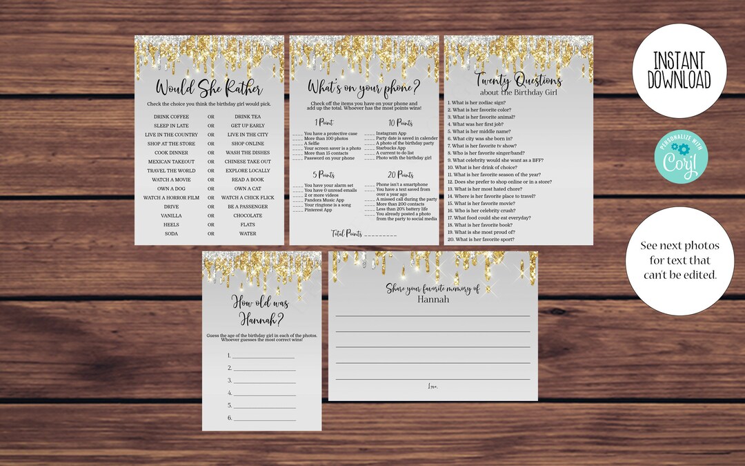 Editable Birthday Party Game Bundle Gold and Silver Would She Rather ...