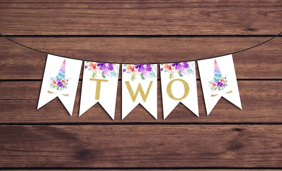 TWO Birthday Banner, Two Bunting, Pink Purple Blue Gold Unicorn Floral ...