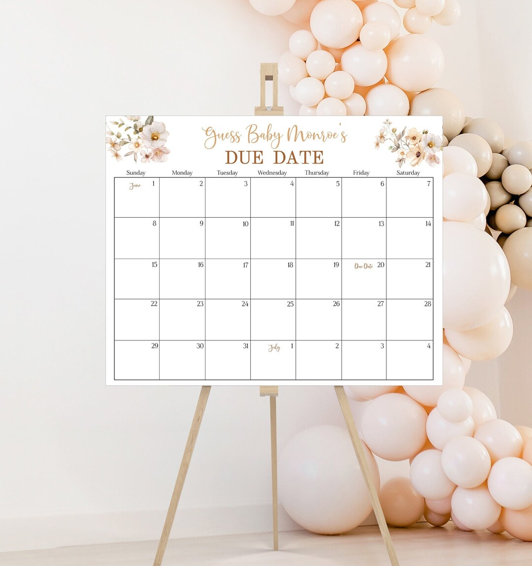 Boho Baby Shower Due Date Guessing Game Due Date Calendar Sign, Baby ...