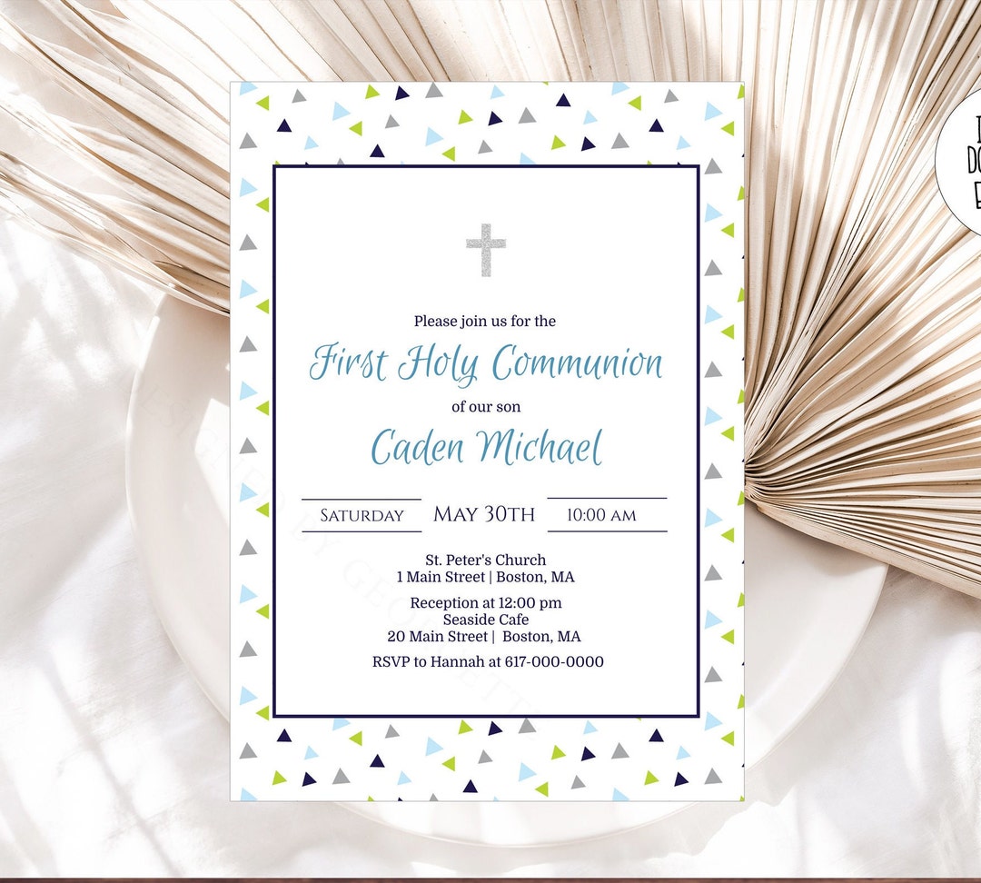 Editable Blue First Holy Communion Invitation Boy, Blue Green 1st ...