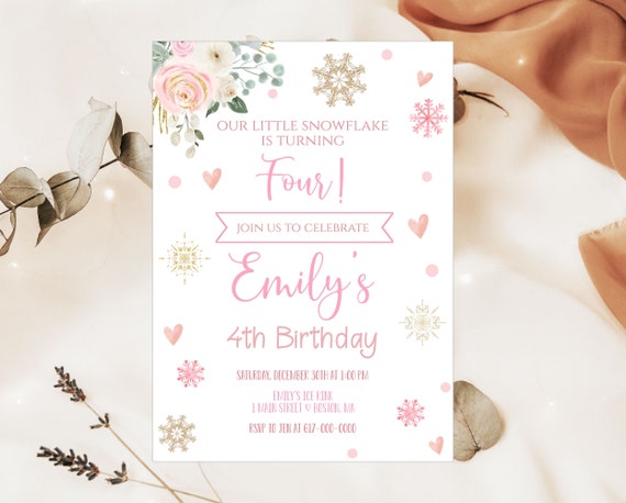 Winter Birthday Invitation, Pink and Gold Winter Birthday Invitation ...