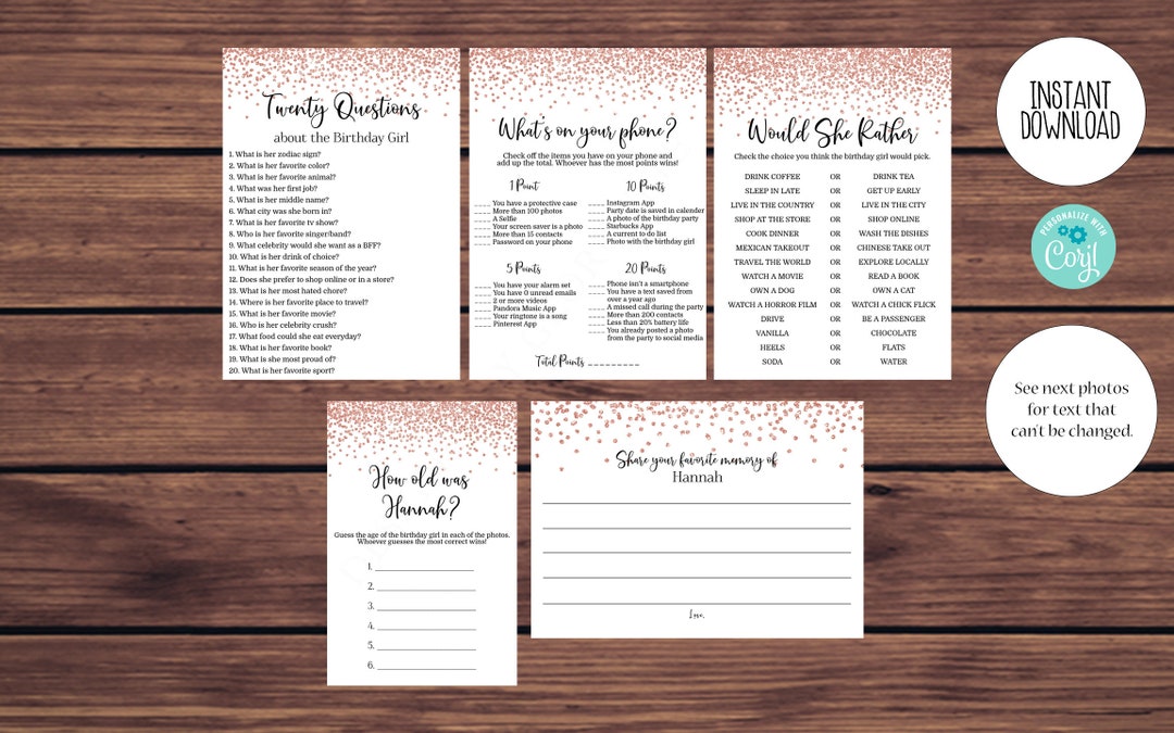 Editable Birthday Party Game Bundle Rose Gold Would She Rather Whats on ...