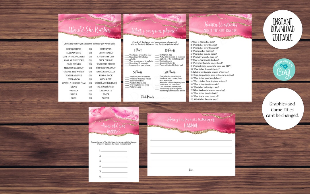 Editable Birthday Party Game Bundle, Pink Would She Rather, Whats on ...
