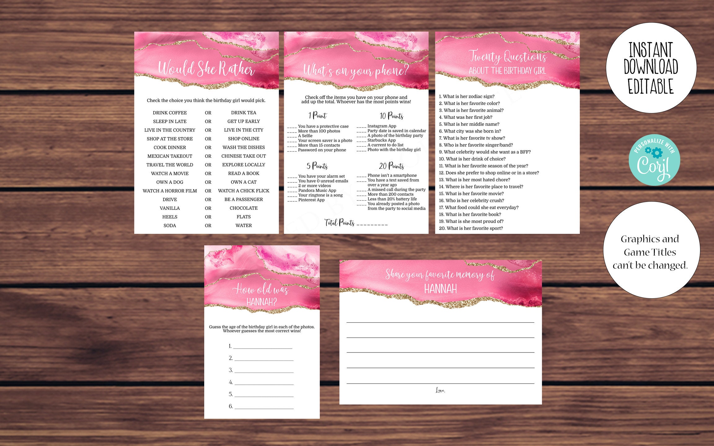 Editable Birthday Party Game Bundle Pink Would She Rather Whats on Your ...