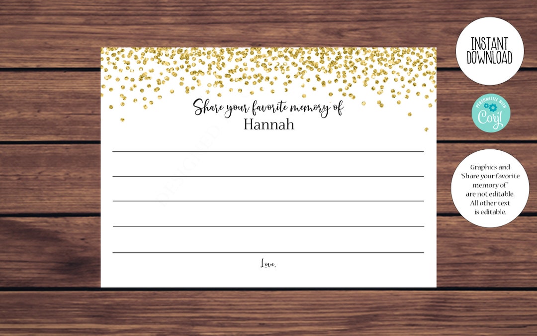 Editable Share a Favorite Memory Card Gold Women's Birthday Party Game ...