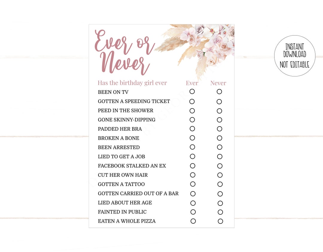 Birthday Ever or Never Game Girl Boho Never or Ever Women's Birthday ...