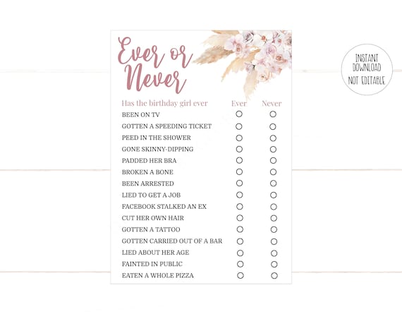 Birthday Ever or Never Game Girl, Boho Never or Ever Women's Birthday ...