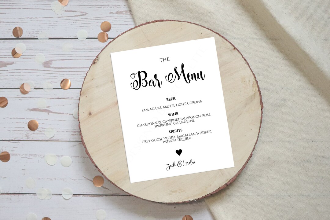 Bar Menu Sign, Wedding Bar Menu Signature Drinks Sign, Printable ...