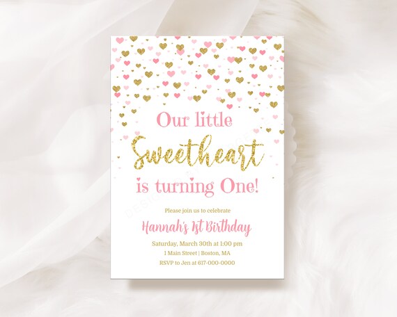 Editable Sweetheart Birthday Invitation, Pink Gold 1st Valentine ...
