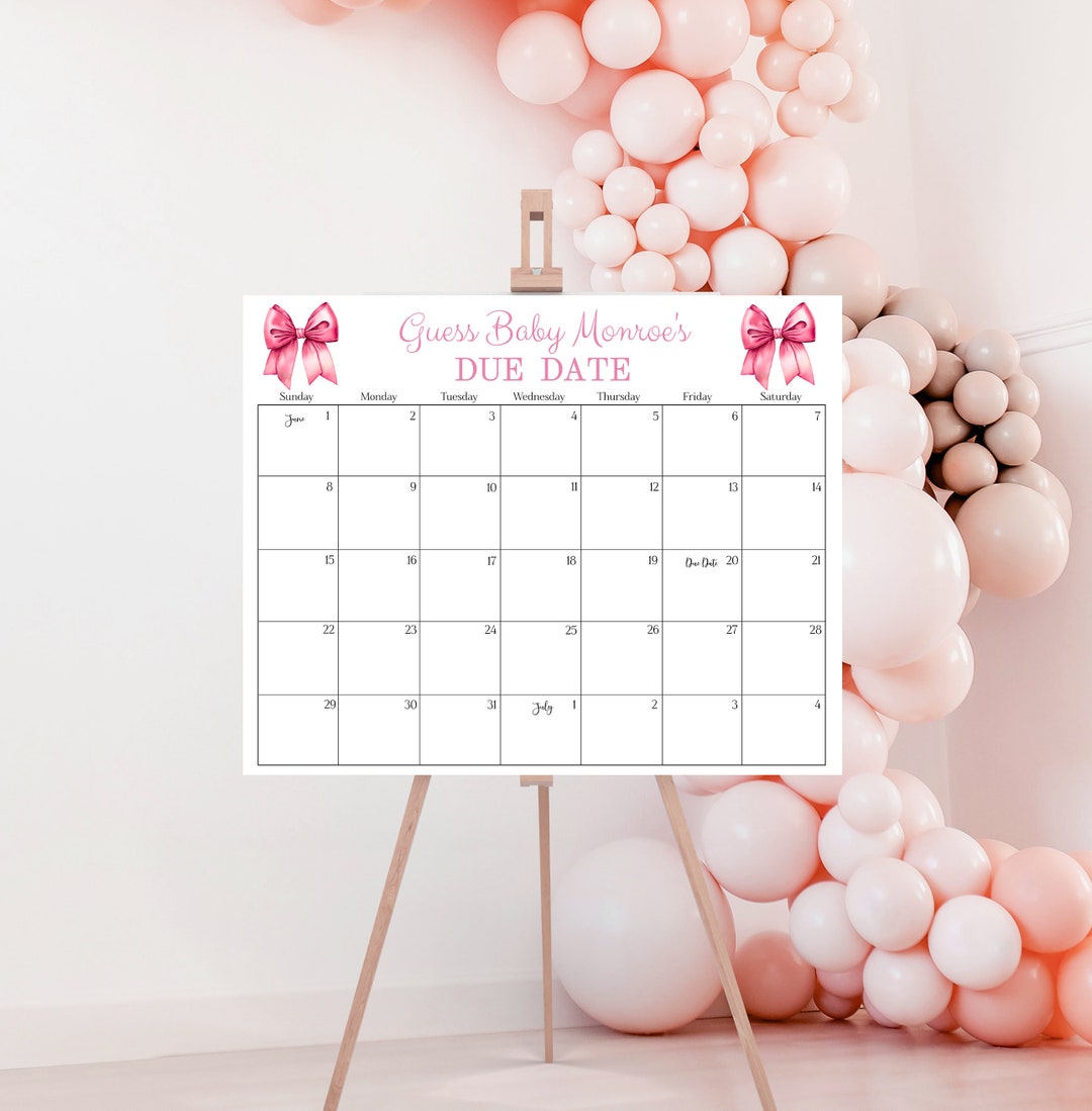 Bow Baby Shower Due Date Guessing Game Pink Floral Due Date Calendar ...
