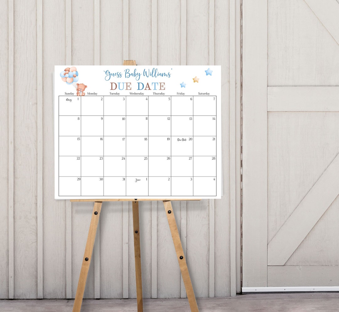 Teddy Bear Baby Shower Due Date Guessing Game Editable Boy Due Date ...