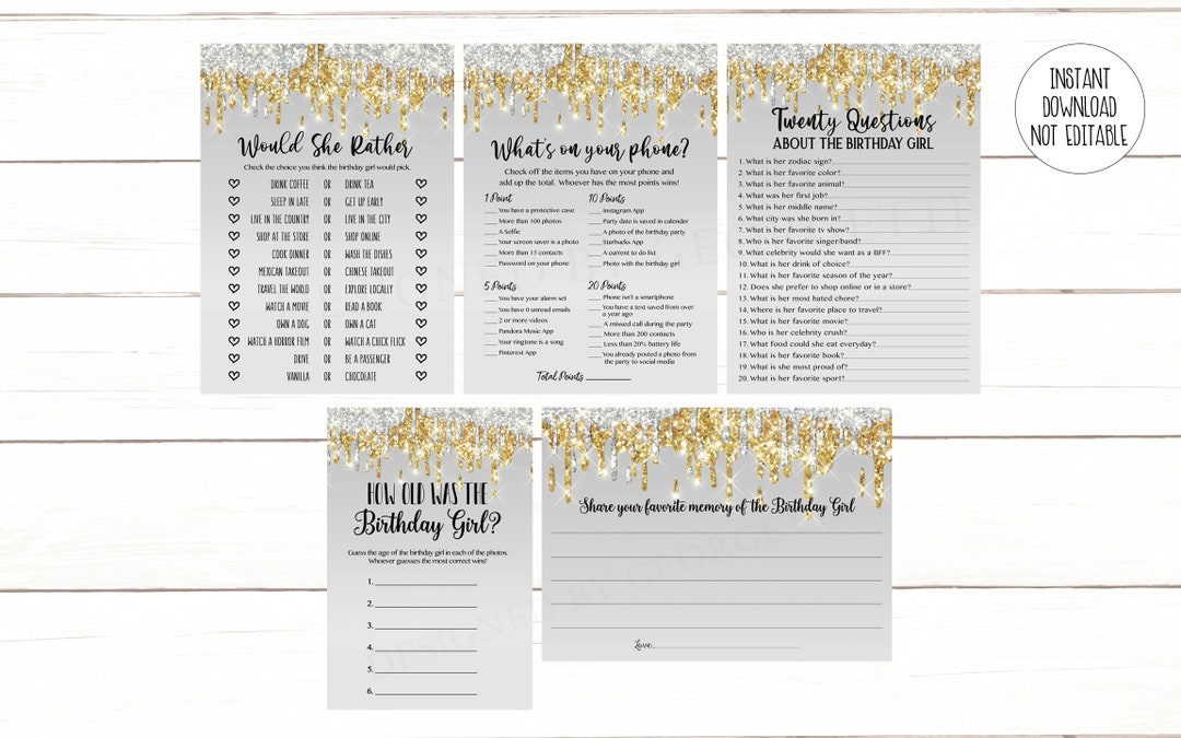 Adult Birthday Game Bundle for Her, Silver Gold Whats in Your Phone ...