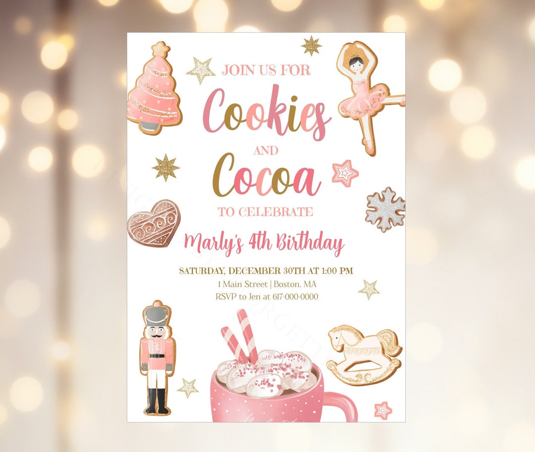 Editable Cookies and Hot Cocoa Party Invitation Pink Cookie Birthday ...