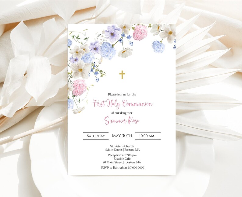 Purple Wildflowers First Holy Communion Invitation Girl Pink Lilac ...