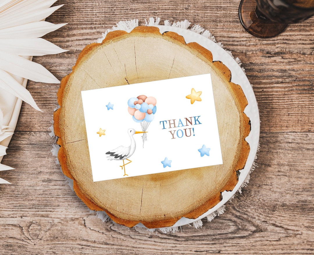 Stork Thank You Card Balloons Thank You Card Boy Baby Shower Instant ...