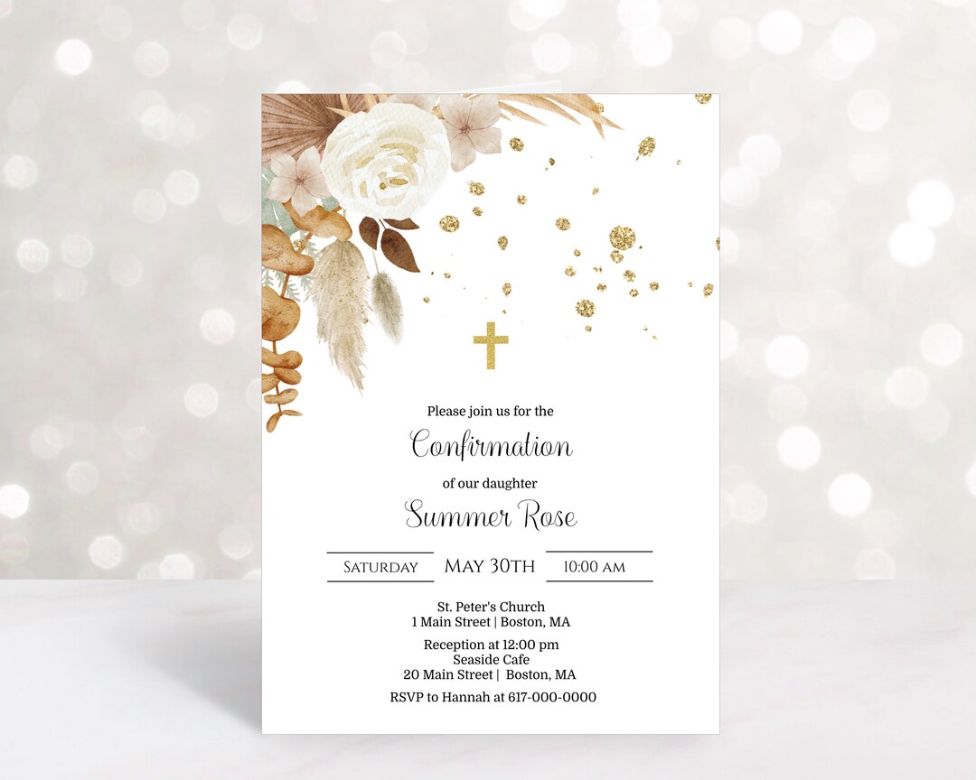 Boho Confirmation Invitation White and Gold Confirmation Invitation ...
