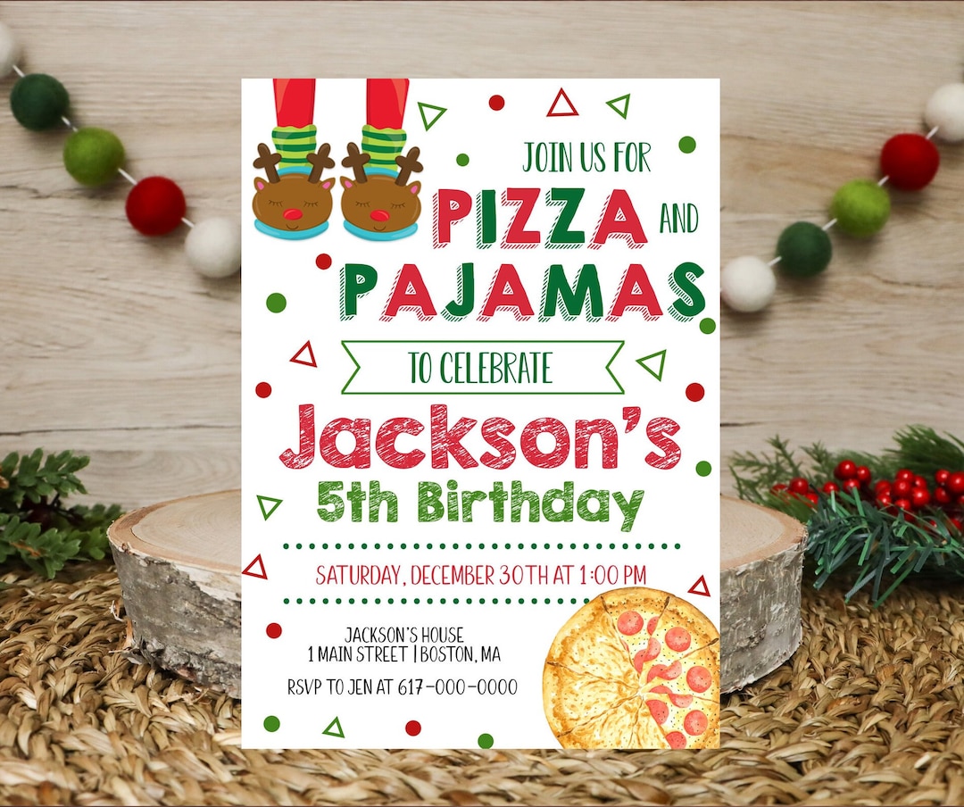 Christmas Pizza Pajamas Birthday Party Invitation Red and Green Holiday ...