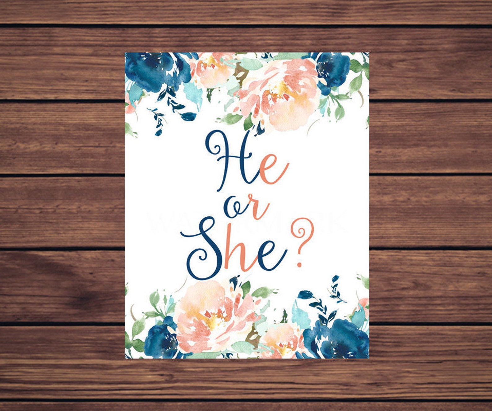 Gender Reveal Sign He or She Blue Coral Floral Instant - Etsy