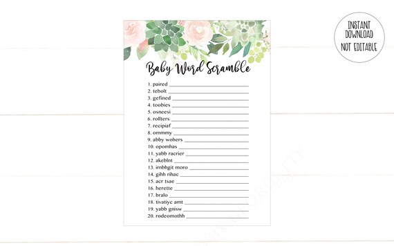 Succulent Word Scramble Baby Shower Game, Pink Floral Baby Word ...
