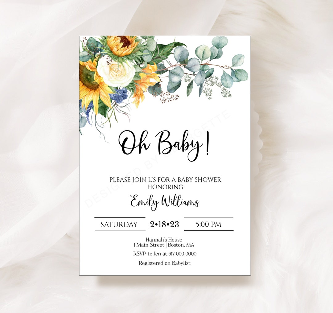 Editable Sunflowers Baby Shower Invitation, Yellow Floral Girl Baby ...