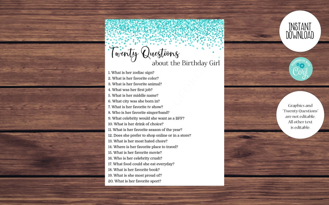 Editable Twenty Questions Blue Women's Birthday Party - Etsy