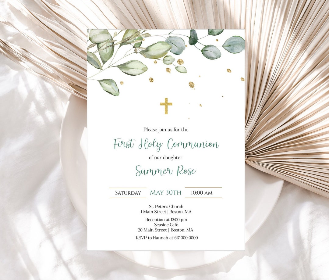 Editable First Holy Communion Invitation Greenery 1st Communion ...