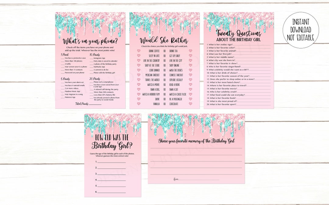 Adult Birthday Game Bundle for Her Pink Blue Whats in Your Phone Twenty ...