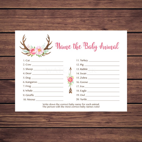 Baby Animal Name Game, Boho Pink Floral Deer Antler Baby Shower Game ...