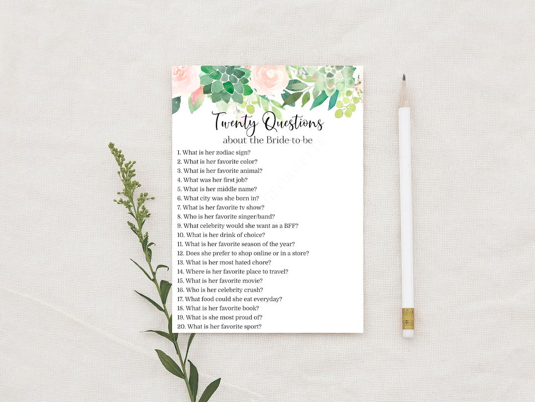 Twenty Questions About the Bride Succulent Bridal Shower Game Instant ...