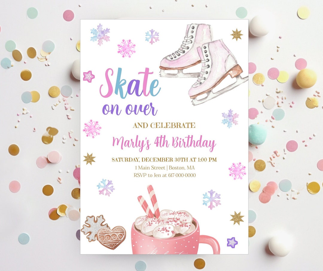Ice Skating Birthday Invitation Pink Winter Skating Birthday Invitation ...