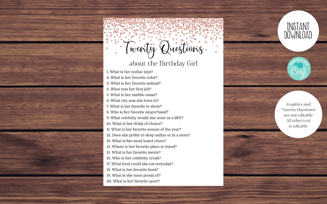 Editable Twenty Questions Rose Gold Women's Birthday Party Game - Etsy