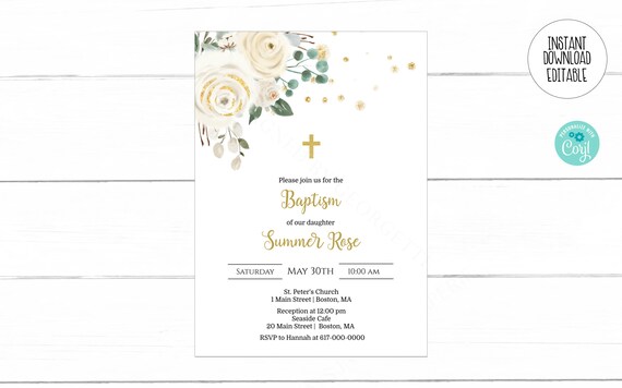 Baptism Invitation, White and Gold Floral Baptism Invitation, Instant ...