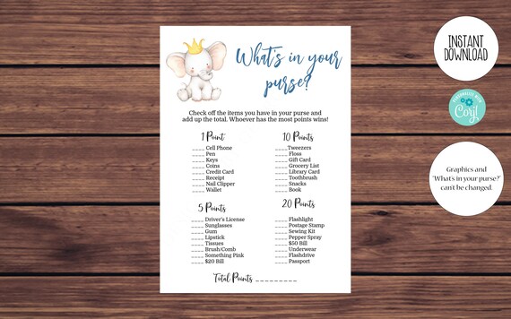 Editable Whats in Your Purse Baby Shower Game, Elephant Prince Baby ...