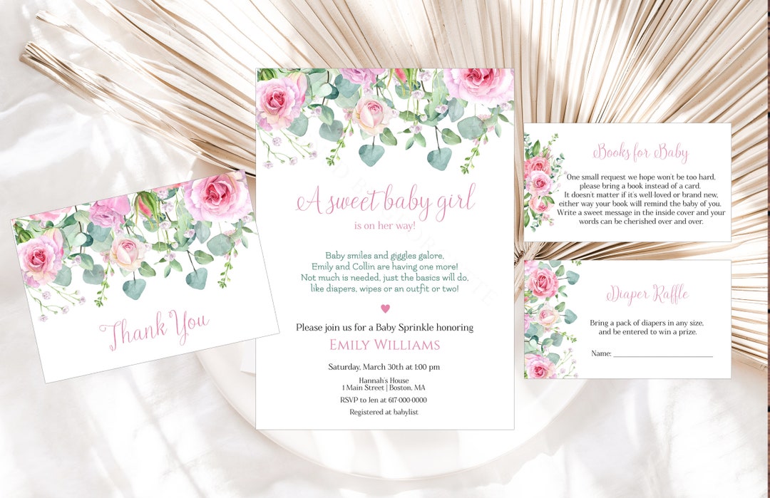 Rose Baby Sprinkle Invitation Girl Editable Pink Roses Baby Shower ...