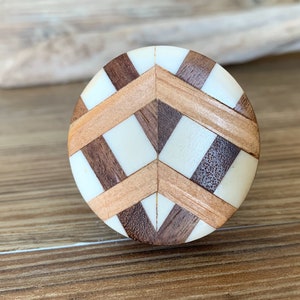 Set of 4 Ivory and Wood Chevron Knobs - Round Wood and Cream Drawer ...