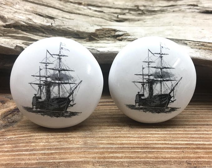 SET OF 2 Black and White Nautical Ship Ceramic Knob Sailor Nursery Decor Ocean Boating Boy ...