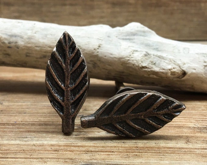 SET OF 2 Leaf Knobs Small Cast Iron Metal Knob Decorative Drawer Pull ...