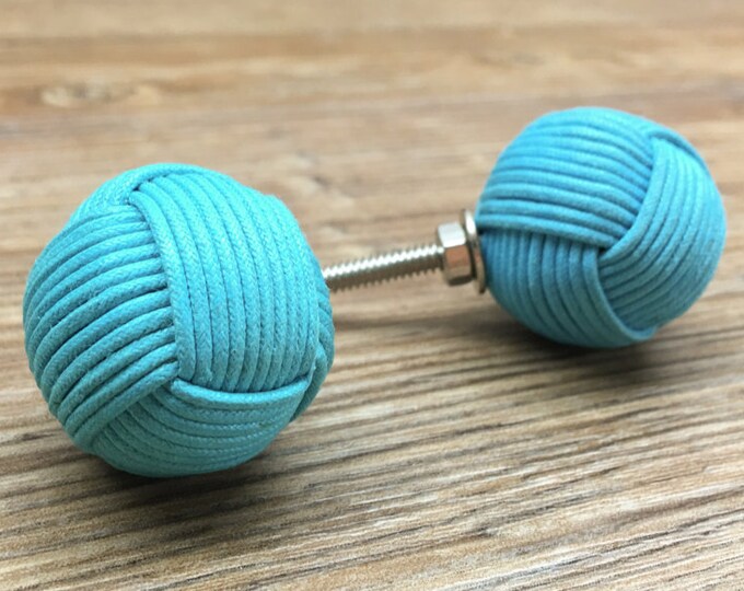 SET OF 2 Knot Knobs Turquoise Blue Rope Wrapped Monkey Fist Knob ...