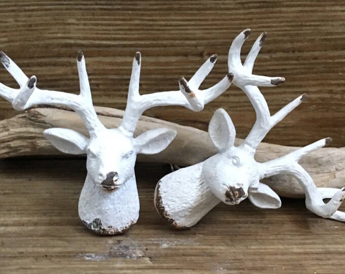 SET OF 2 - White Stag Antler Deer Head Metal Knob - Antler Drawer Pull ...