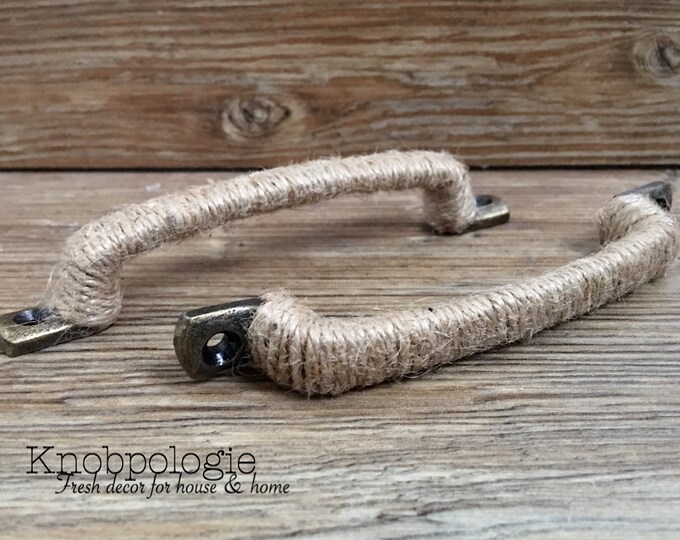 SET OF 2 Square Nautical Jute Rope Wrapped Handle Drawer Pull Beach ...
