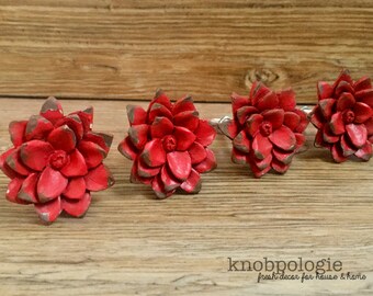 Distressed Red Flower Knob Lotus Daisy or Rose Unique Resin Molded Floral Knob Country Rustic ...
