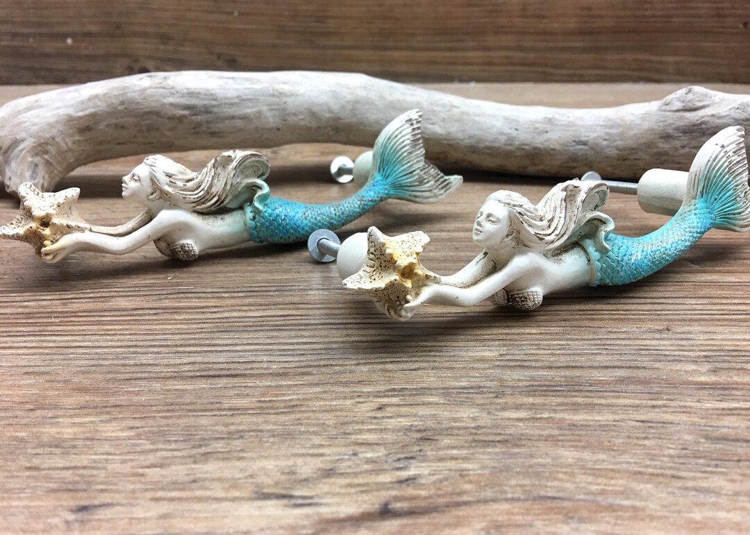 SET OF 2 - Cream and Blue Mermaid Knob Drawer Handles - Mermaid Tail ...