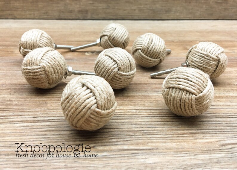 SET OF 4 - 1.25" Jute Rope Wrapped Knobs - Monkey Fist Knobs - Nautical ...