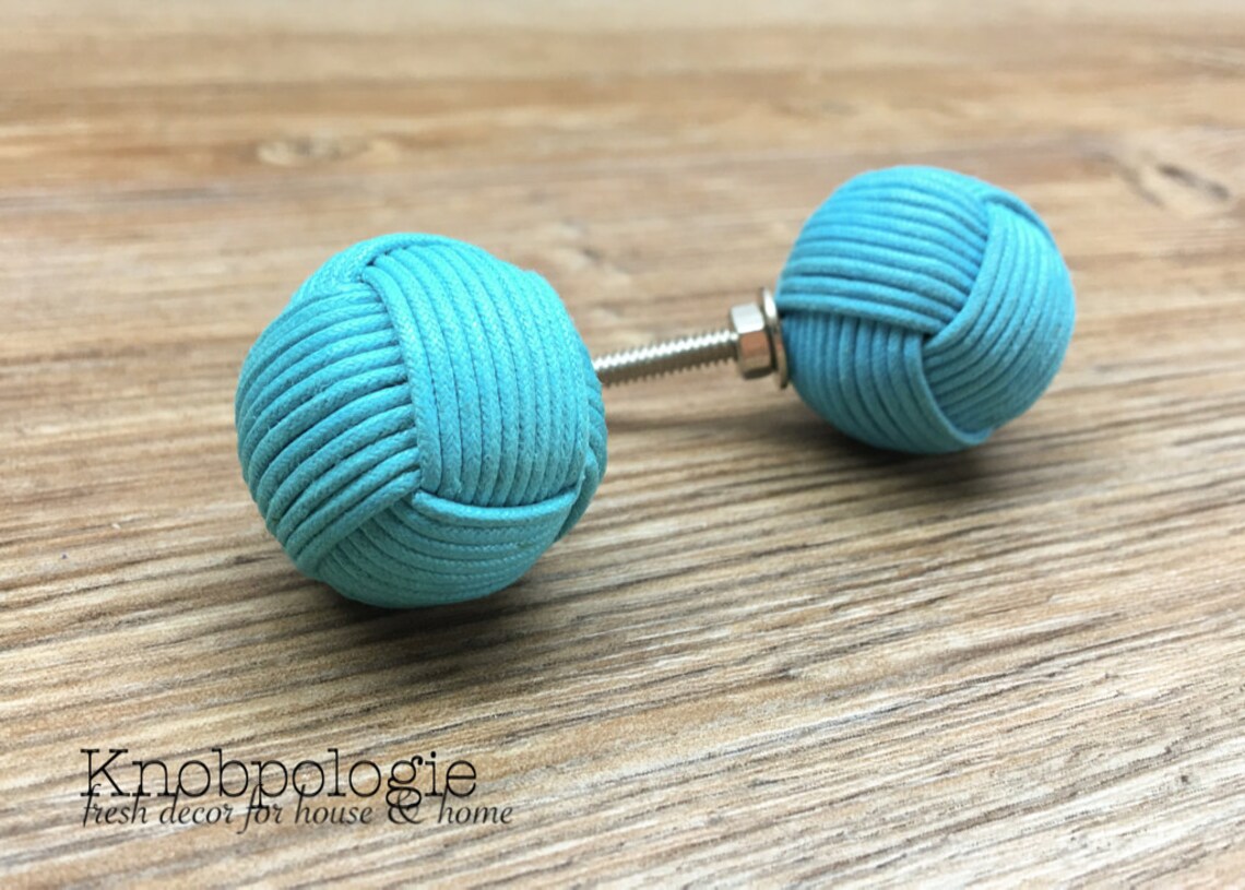 SET OF 2 Knot Knobs Turquoise Blue Rope Wrapped Monkey Fist - Etsy
