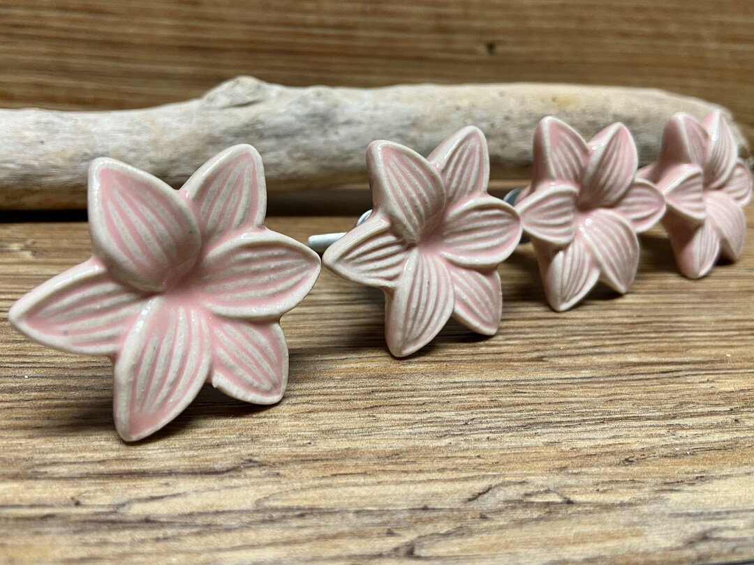 Set of 4 Light Pink Flower Knobs - Lily Knob - Unique Ceramic Floral Knob - Pink Tropical Knob ...